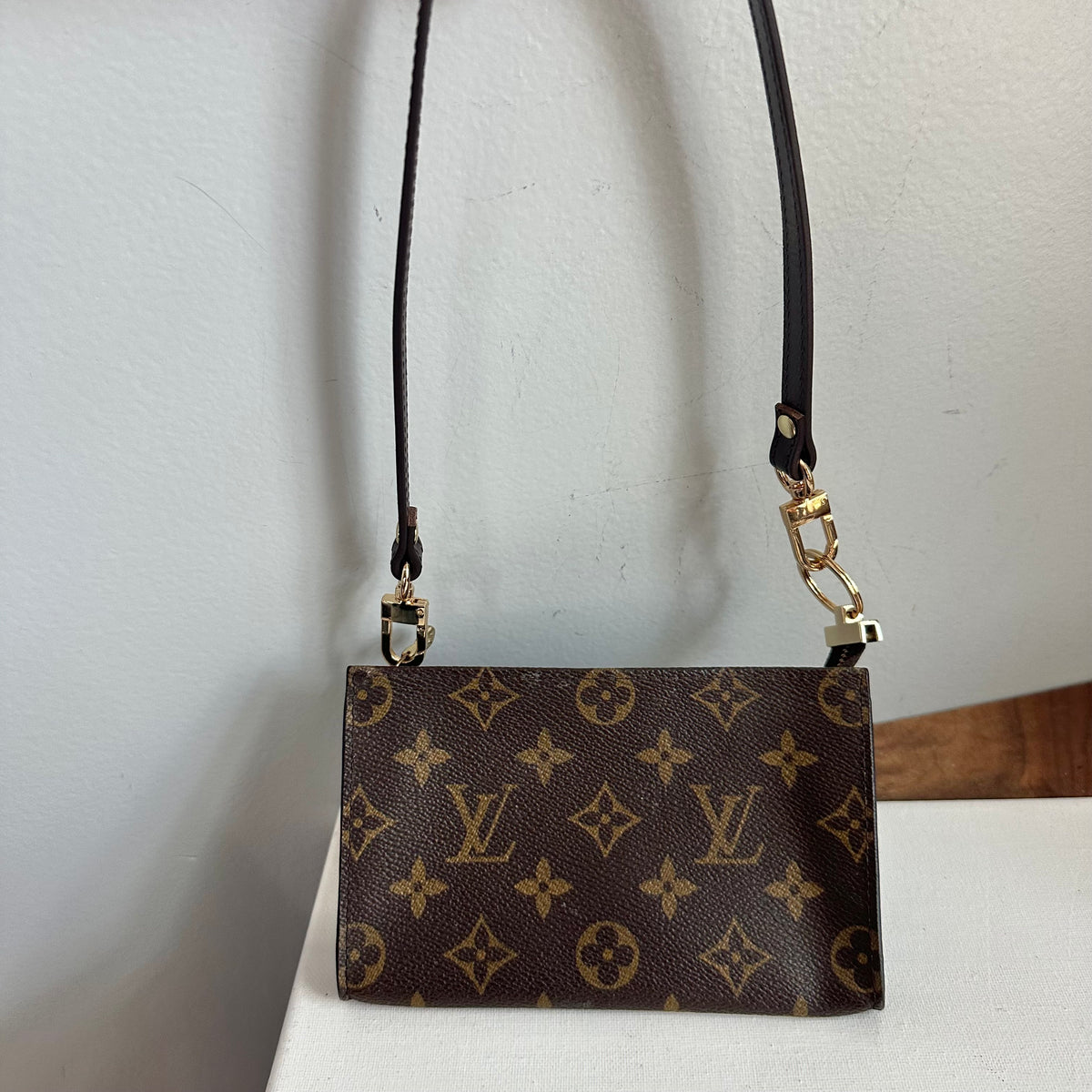 The Junco - Upcycled LV Monogram Wristlet in Dark Brown – Beauty Bird ...