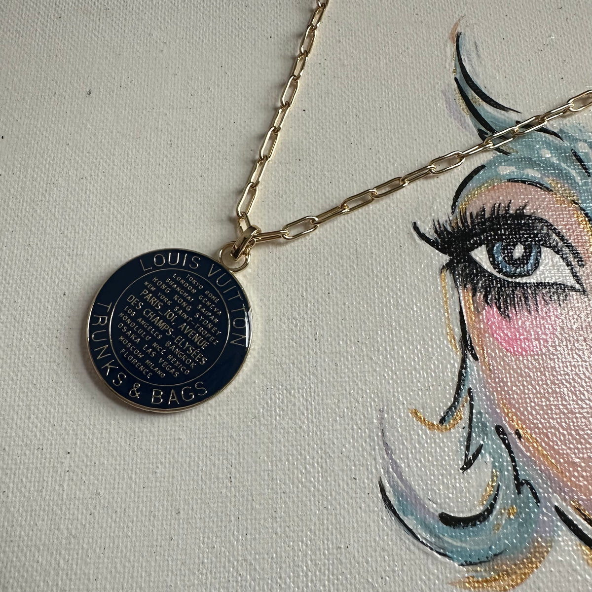 Large Navy LV Trunks & Bags Pendant on Gold-Filled Paperclip Chain Nec ...